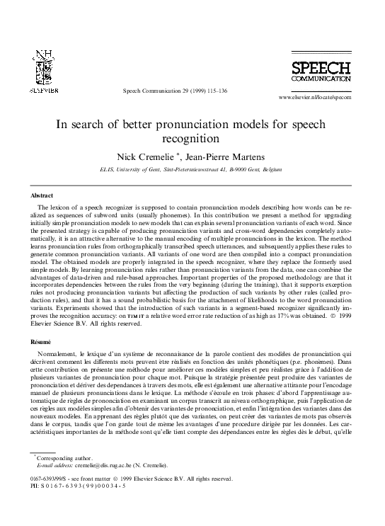 (PDF) In search of better pronunciation models for speech recognition