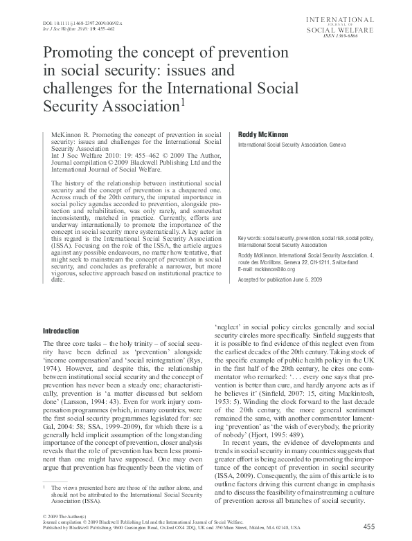 (PDF) Promoting the concept of prevention in social security: issues ...