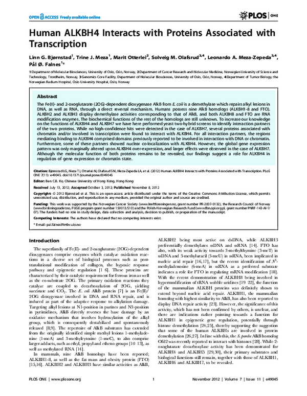 (PDF) Human ALKBH4 Interacts with Proteins Associated with Transcription