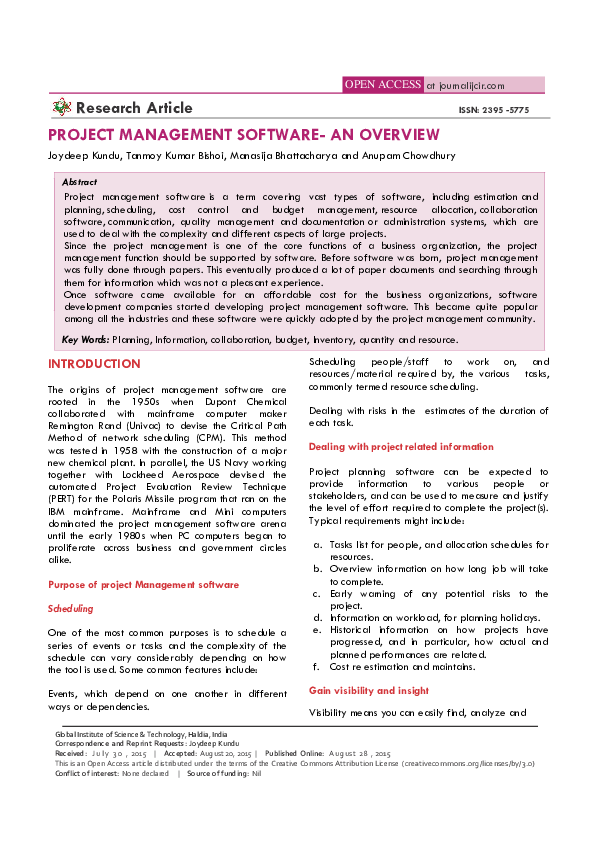 (PDF) PROJECT MANAGEMENT SOFTWARE- AN OVERVIEW