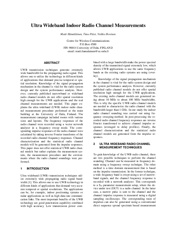 (PDF) Ultra wideband indoor radio channel measurements