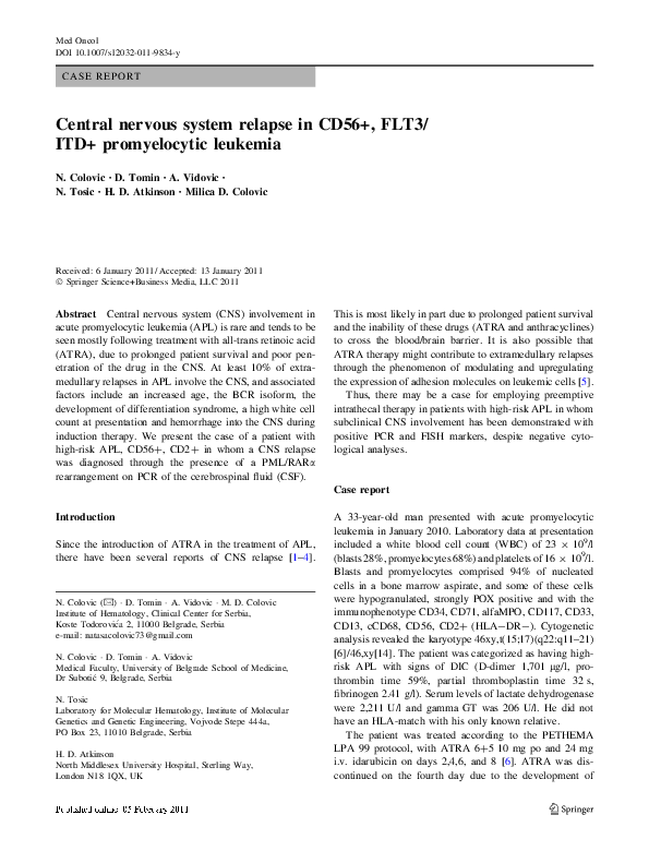 (PDF) Central nervous system relapse in CD56+, FLT3/ITD+ promyelocytic leukemia
