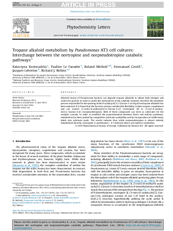 (PDF) Tropane alkaloid metabolism by Pseudomonas AT3 cell cultures ...