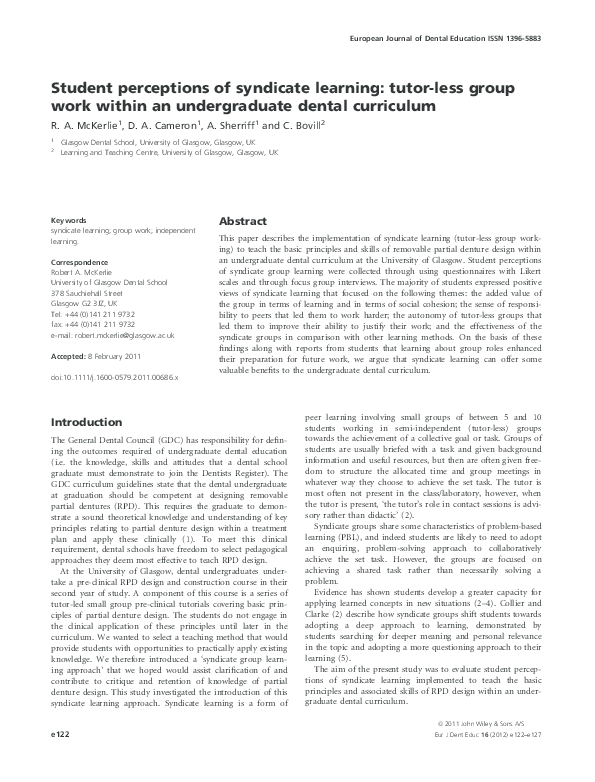 (PDF) Student perceptions of syndicate learning: tutor-less group work ...