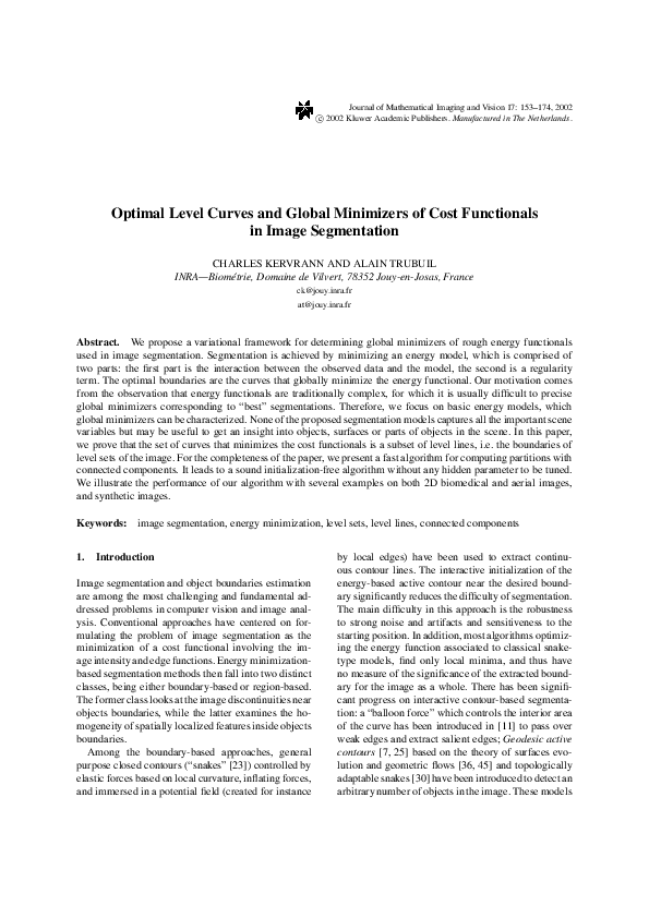 Pdf Optimal Level Curves And Global Minimizers Of Cost Functionals In Image Segmentation