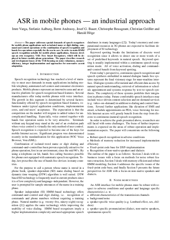 (PDF) ASR in mobile phones - an industrial approach | Harald Höge, B ...