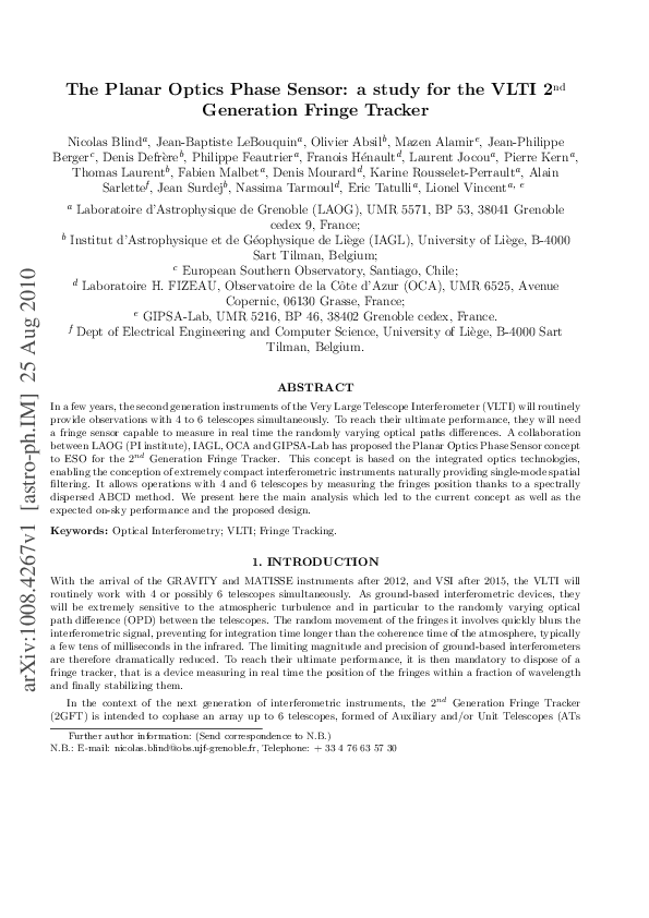 (PDF) The planar optics phase sensor: a study for the VLTI 2nd ...