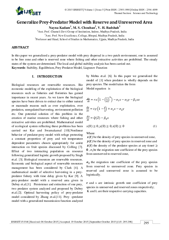 (PDF) Generalize Prey-Predator Model with Reserve and Unreserved Area