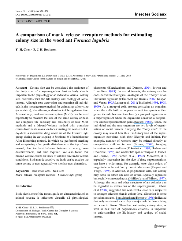 Pdf A Comparison Of Mark Release Recapture Methods For Estimating Colony Size In The Wood Ant