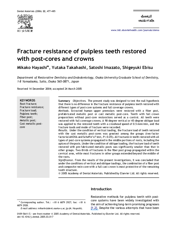(PDF) Fracture resistance of pulpless teeth restored with post-cores ...