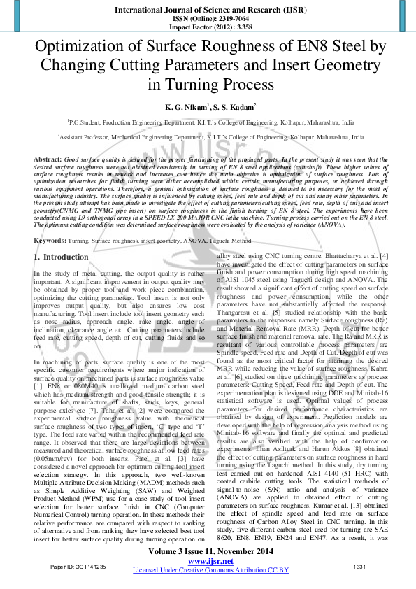 (PDF) Optimization of Surface Roughness of EN8 Steel by Changing Cutting Parameters and Insert ...