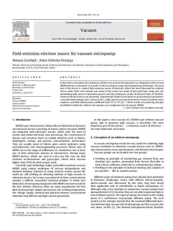 (PDF) Field-emission electron source for vacuum micropump