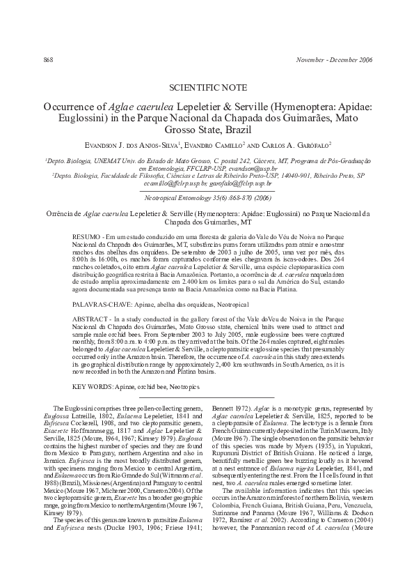 (PDF) Occurrence of Aglae caerulea Lepeletier & Serville (Hymenoptera ...