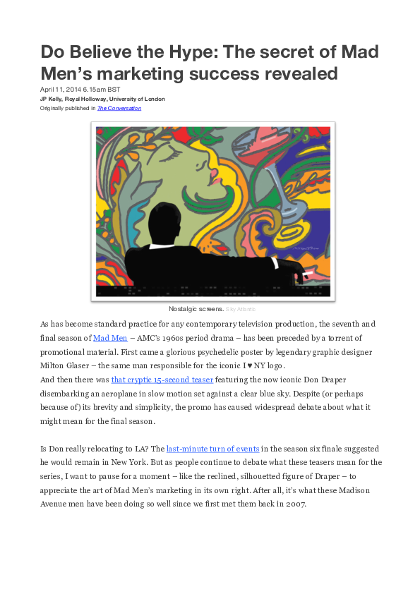 (PDF) Do Believe the Hype: The Secret of Mad Men's Marketing Success