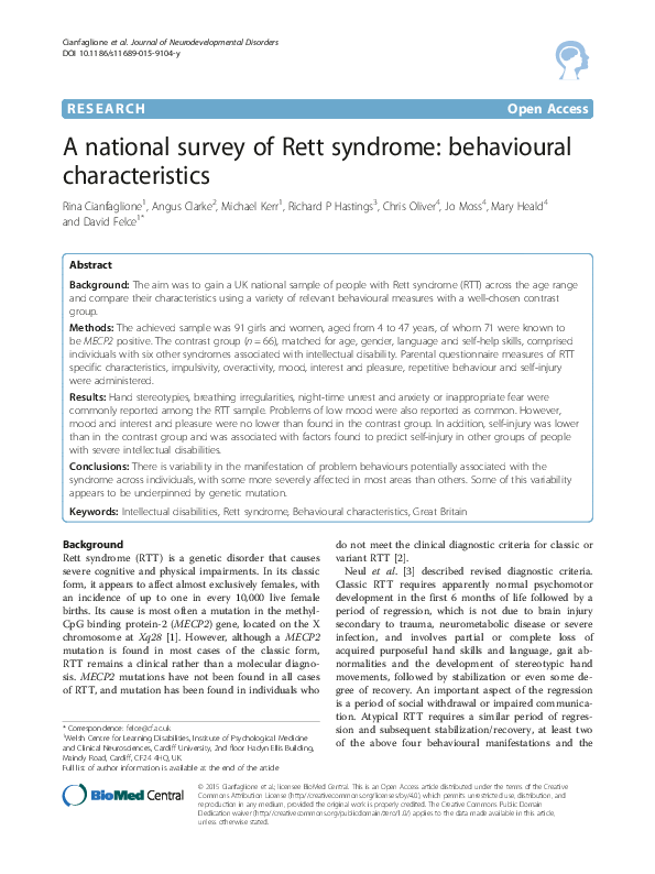(PDF) A national survey of Rett syndrome: behavioural characteristics