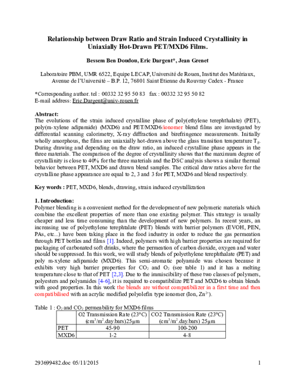(DOC) Relationship between Draw Ratio and Strain-Induced Crystallinity ...