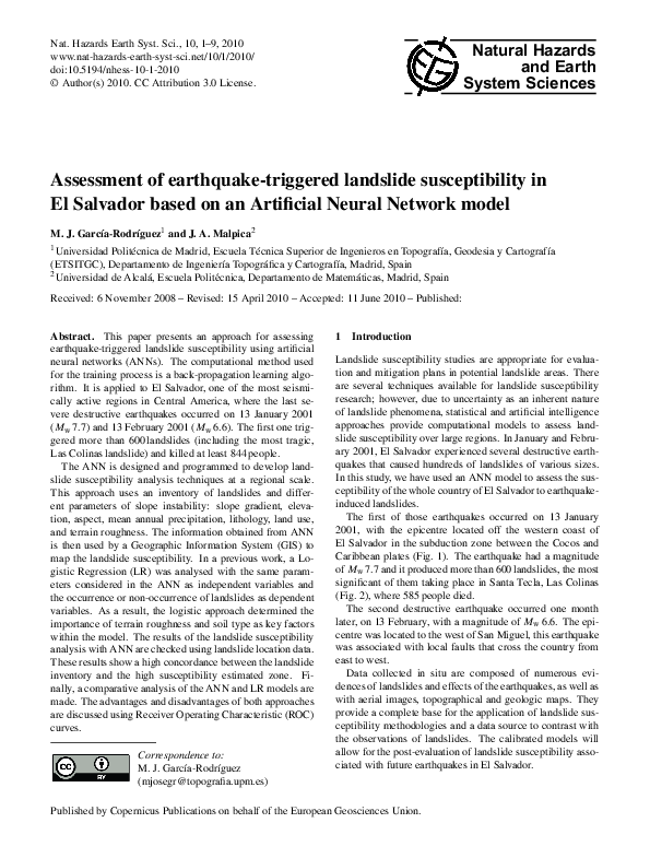 (PDF) Assessment of earthquake-triggered landslide susceptibility in El Salvador based on an ...