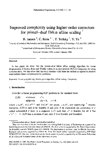 (PDF) Improved complexity using higher-order correctors for primal-dual Dikin affine scaling
