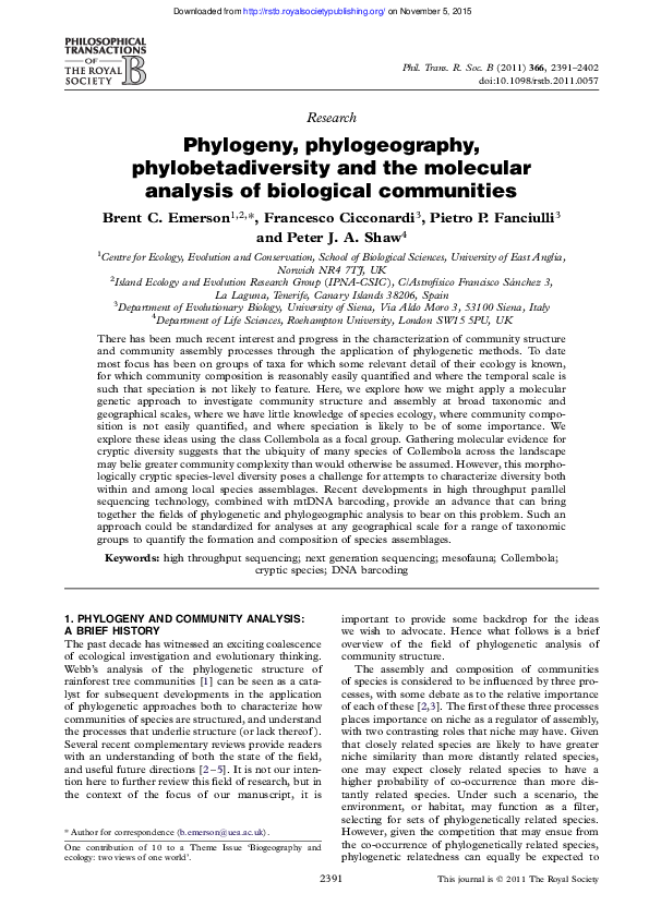 (PDF) Phylogeny, phylogeography, phylobetadiversity and the molecular ...