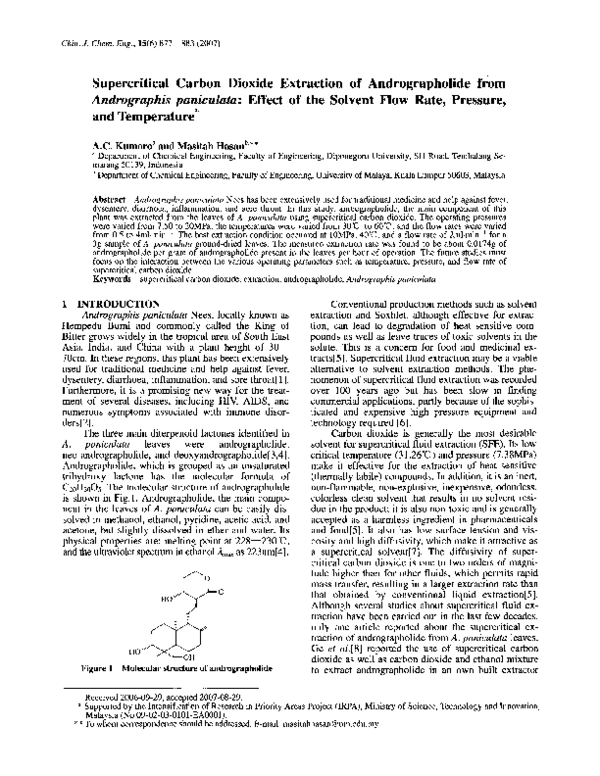 Pdf Supercritical Carbon Dioxide Extraction Of Andrographolide From Andrographis Paniculata
