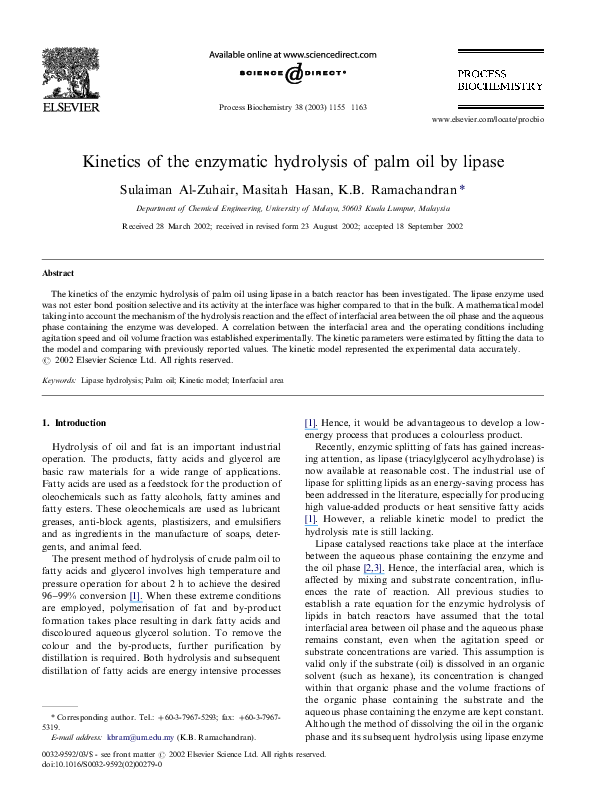 (PDF) Kinetics of the enzymatic hydrolysis of palm oil by lipase