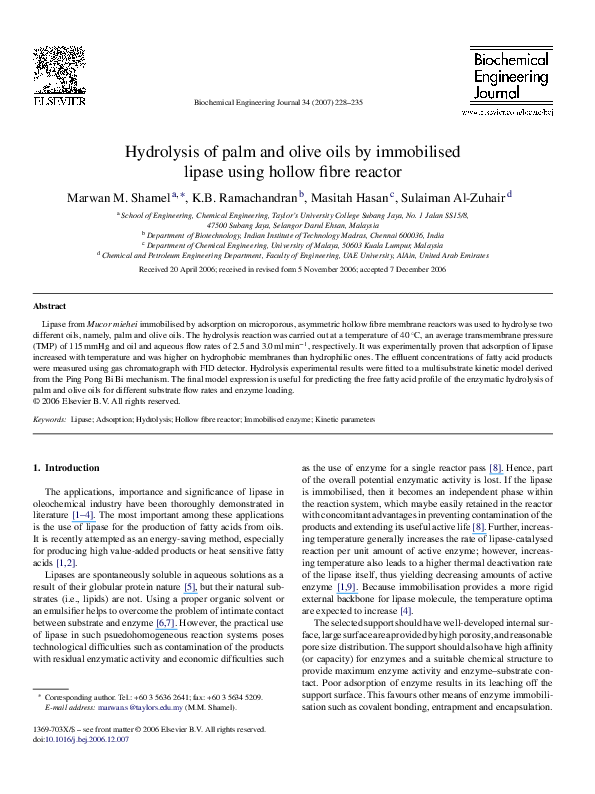 (PDF) Hydrolysis of palm and olive oils by immobilised lipase using ...