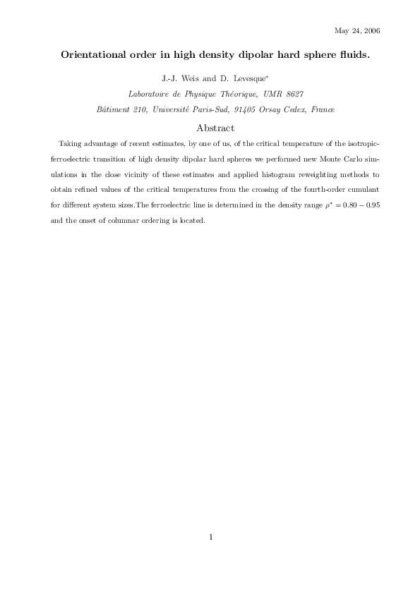 (PDF) Orientational order in high density dipolar hard sphere fluids | Jean-jacques Weis ...