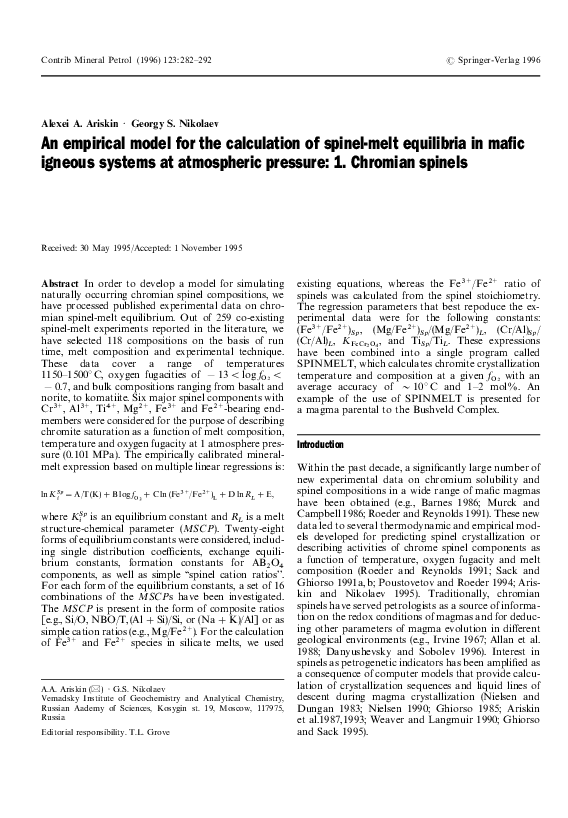 (PDF) An empirical model for the calculation of spinel-melt equilibria ...