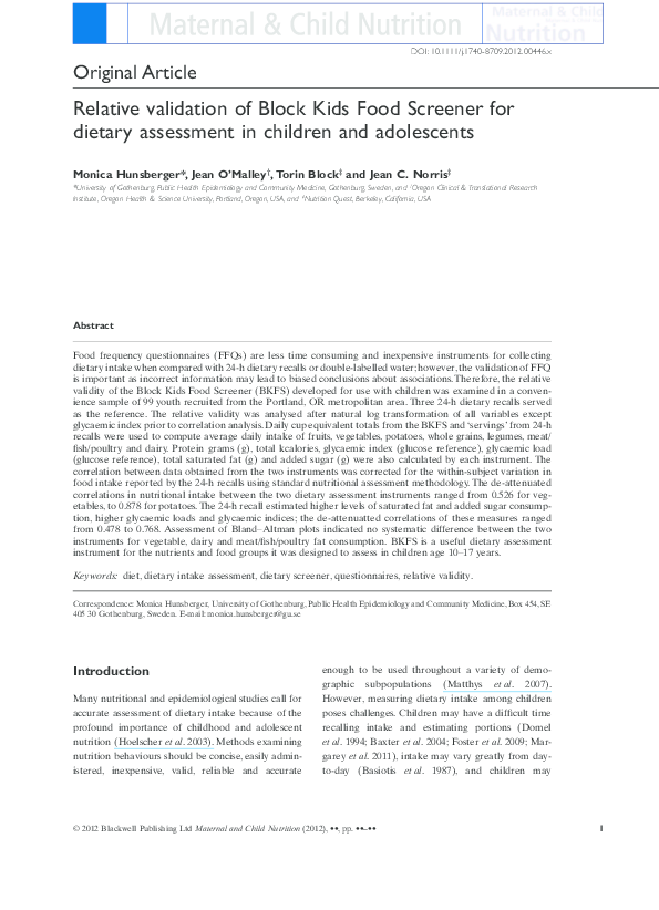 (PDF) Relative validation of Block Kids Food Screener for dietary ...