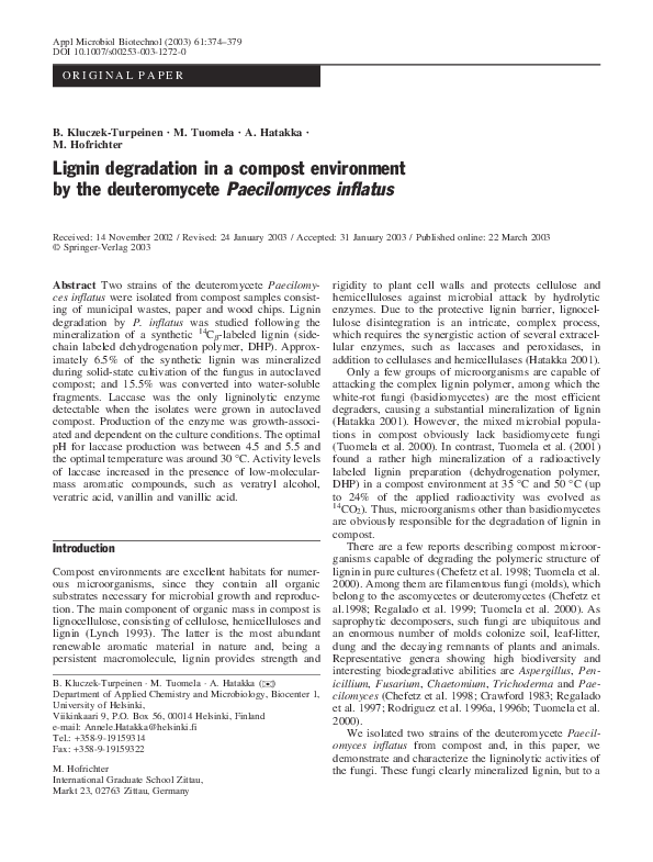 (PDF) Lignin degradation in a compost environment by the deuteromycete ...