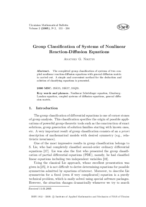 Pdf Group Classification Of Systems Of Non Linear Reaction Diffusion Equations With General