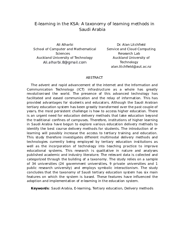 (DOC) E-learning in the KSA: A taxonomy of learning methods in Saudi Arabia