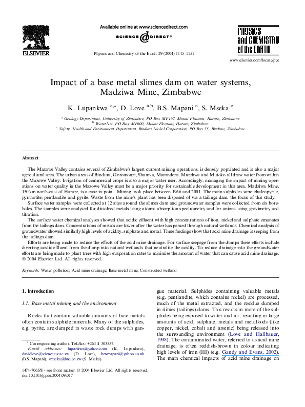 (PDF) Impact of a base metal slimes dam on water systems, Madziwa Mine ...