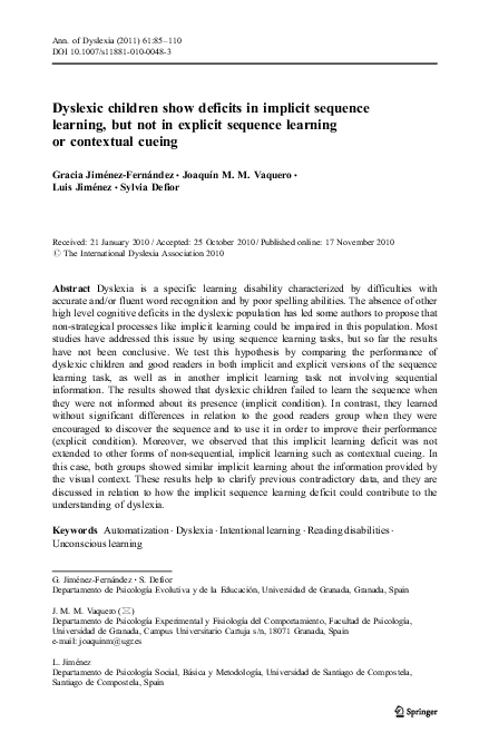 (PDF) Dyslexic children show deficits in implicit sequence learning, but not in explicit ...