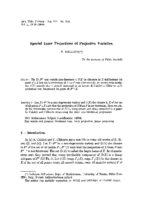(PDF) Special inner projections of projective varieties | Edoardo Ballico - Academia.edu
