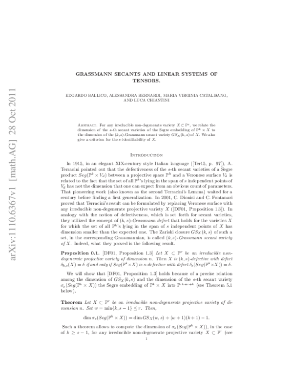 (PDF) Grassmann secants, identifiability, and linear systems of tensors