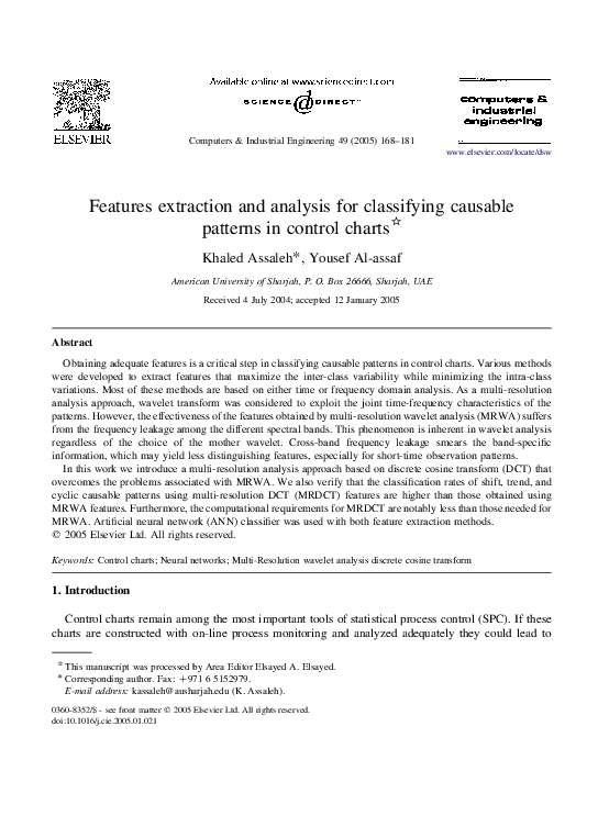 (PDF) Features extraction and analysis for classifying causable patterns in control charts
