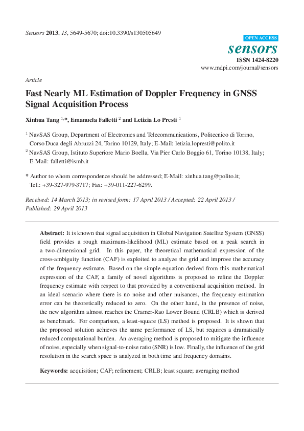 (PDF) Fast Nearly ML Estimation of Doppler Frequency in GNSS Signal Acquisition Process