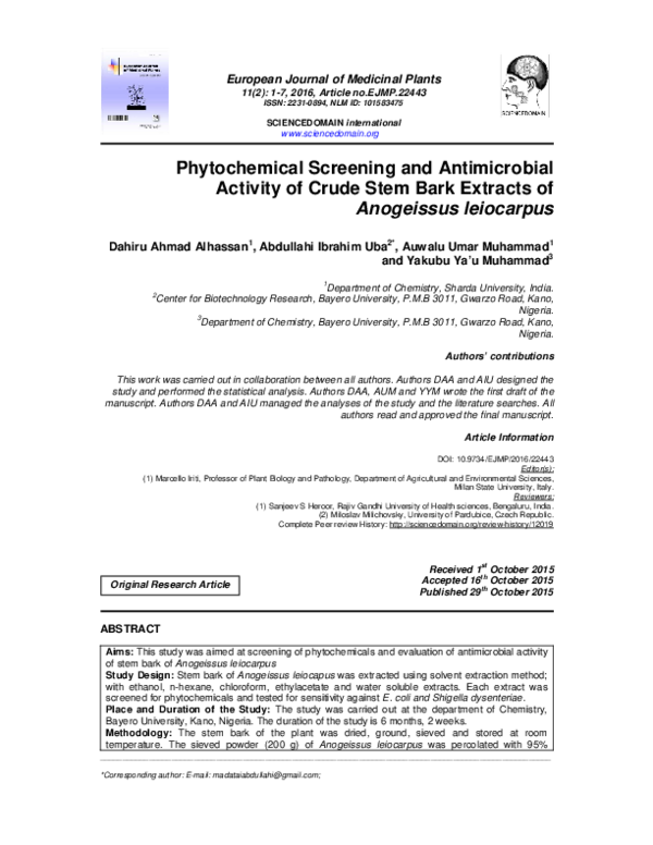 (PDF) Phytochemical Screening and Antimicrobial Activity of Crude Stem Bark Extracts of ...