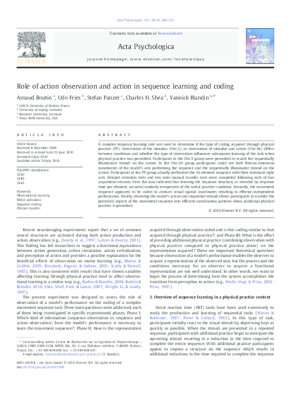 Pdf Role Of Action Observation And Action In Sequence Learning And
