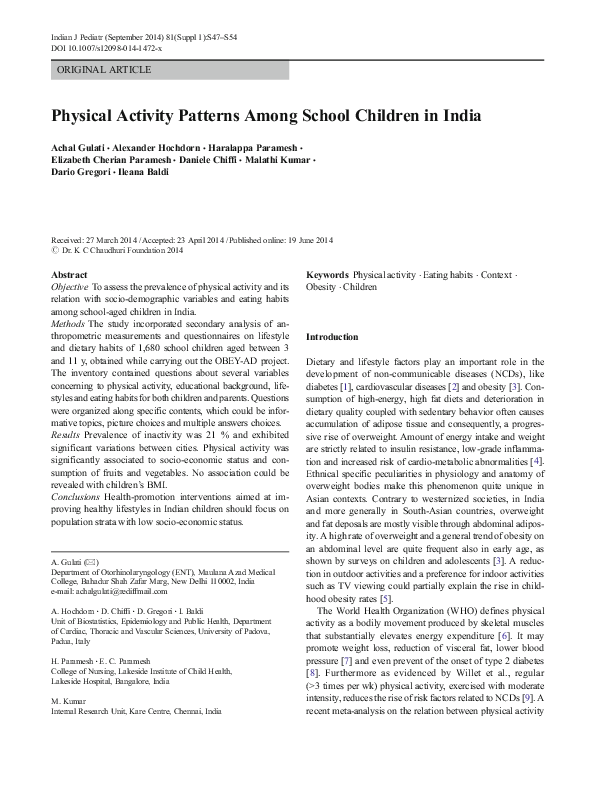 (PDF) Physical Activity Patterns Among School Children in India