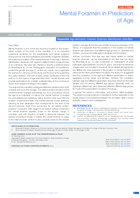 (PDF) Mental Foramen in Prediction of Age | Kewal Krishan - Academia.edu
