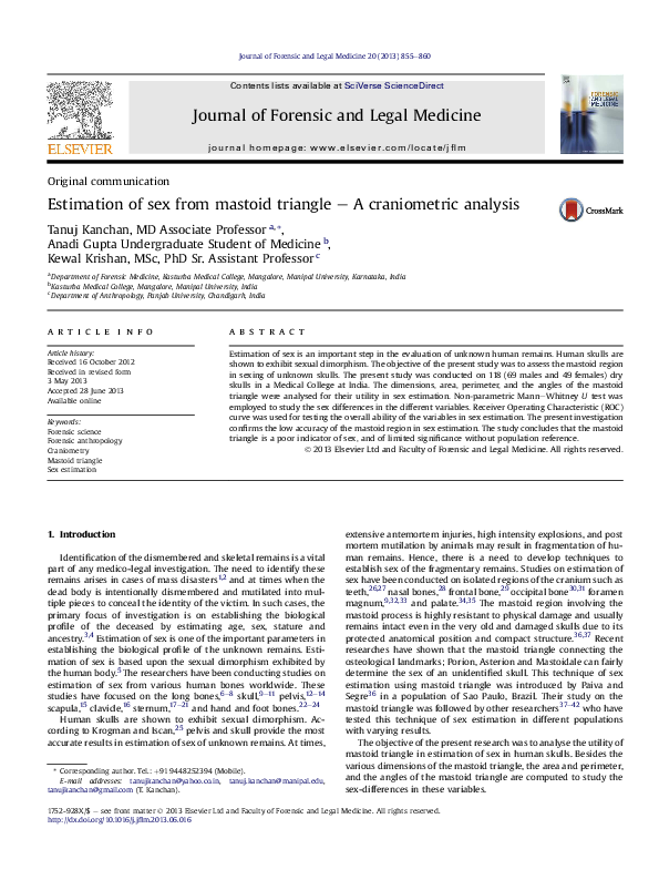 Pdf Estimation Of Sex From Mastoid Triangle A Craniometric Analysis Kewal Krishan