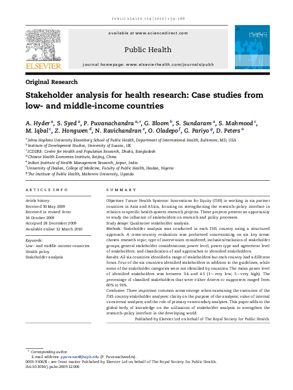(PDF) Stakeholder analysis for health research: Case studies from low ...