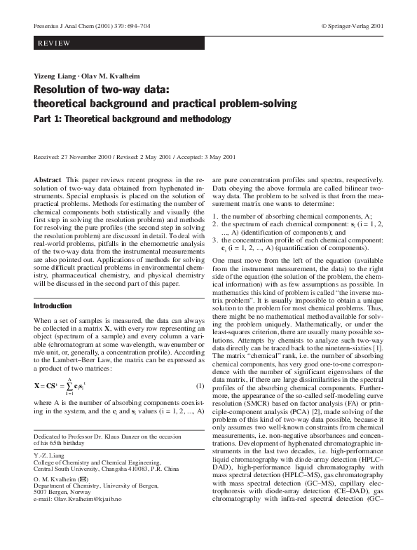 (PDF) Resolution of two-way data: theoretical background and practical problem-solving. Part 1 ...