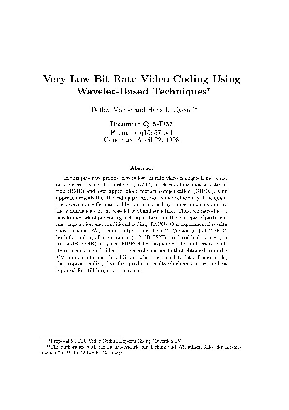 (PDF) Very low bit-rate video coding using wavelet-based techniques