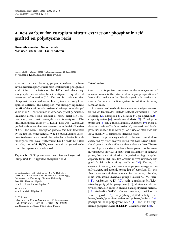(PDF) A new sorbent for europium nitrate extraction: phosphonic acid ...