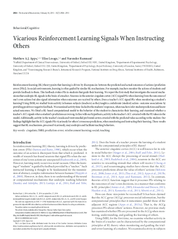 (PDF) Vicarious Reinforcement Learning Signals When Instructing Others