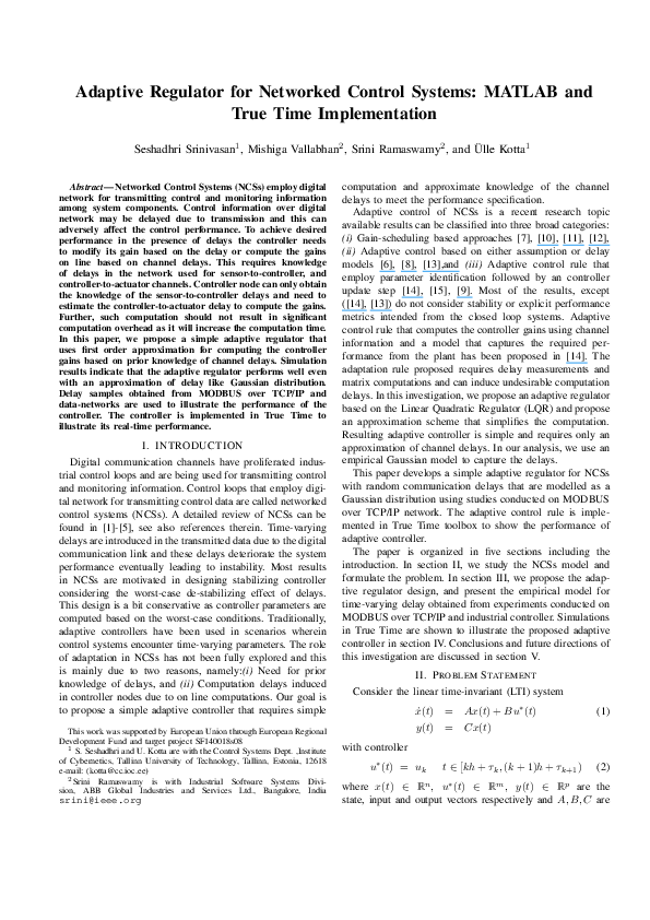 (PDF) Adaptive LQR controller for NCSs MATLAB and Truetime Implementation