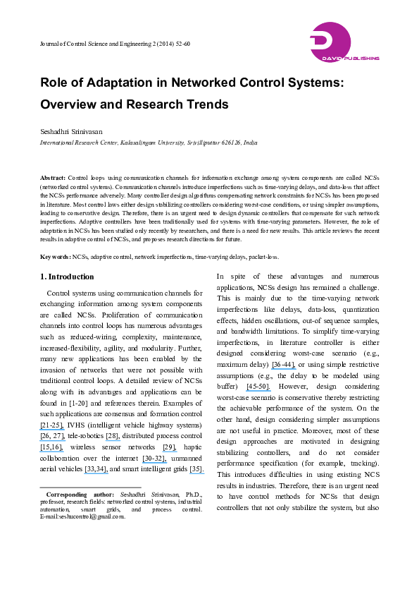 (PDF) Role of Adaptation in Networked Control Systems: Overview and Research Trends